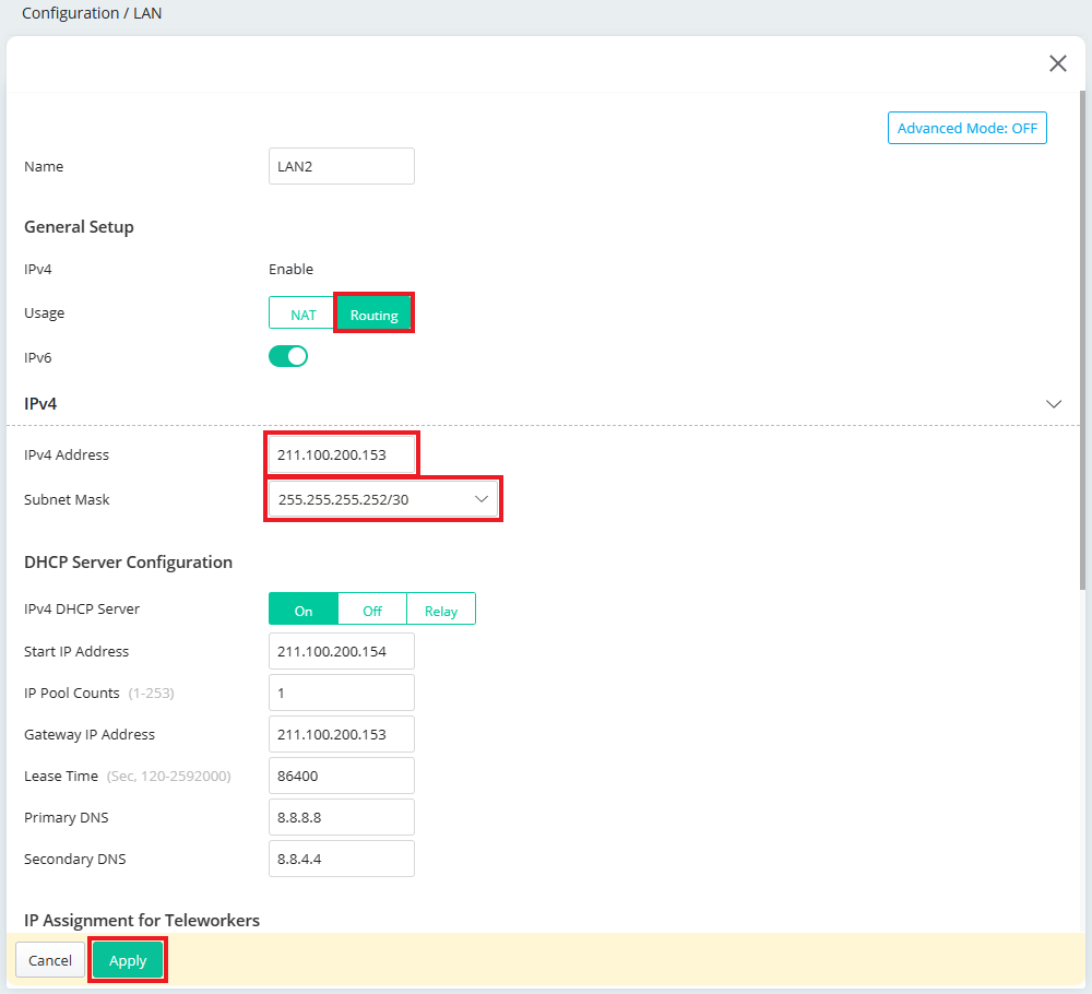 Use a Public IP on LAN using 'For Routing Usage' option | DrayTek